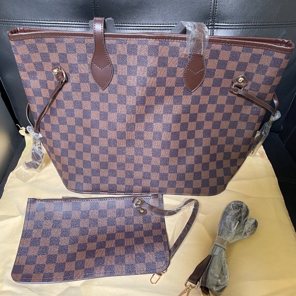 Bags | Brown Checkered Tota Bag Unbranded No Logo | Poshmark